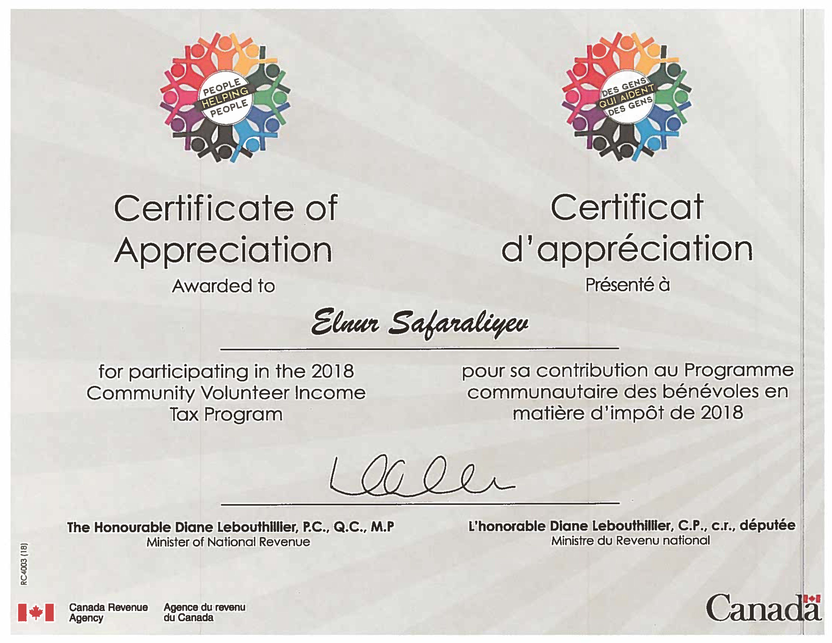 CRA CERTIFICATES 2018 – Russian House Community Centre